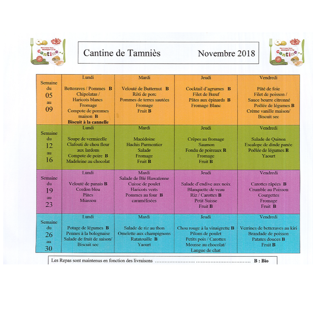 Menu de novembre cantine scolaire - Tamniès - site officiel