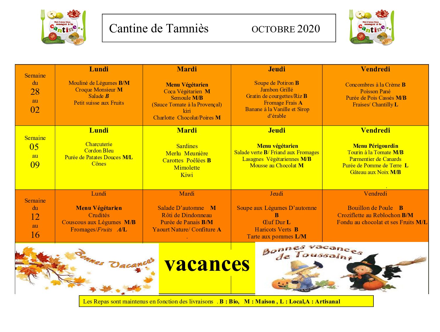 Menu cantine octobre 2020 - Tamniès - site officiel