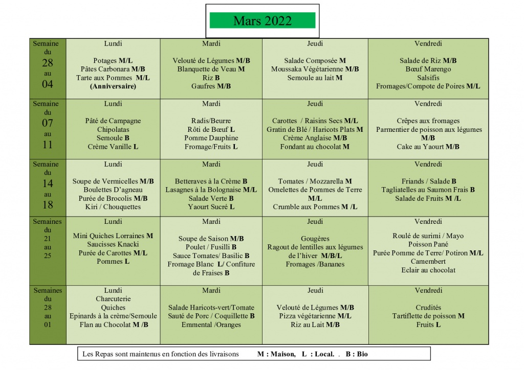 cantine scolaire -menu du mois de mai - Tamniès - site officiel